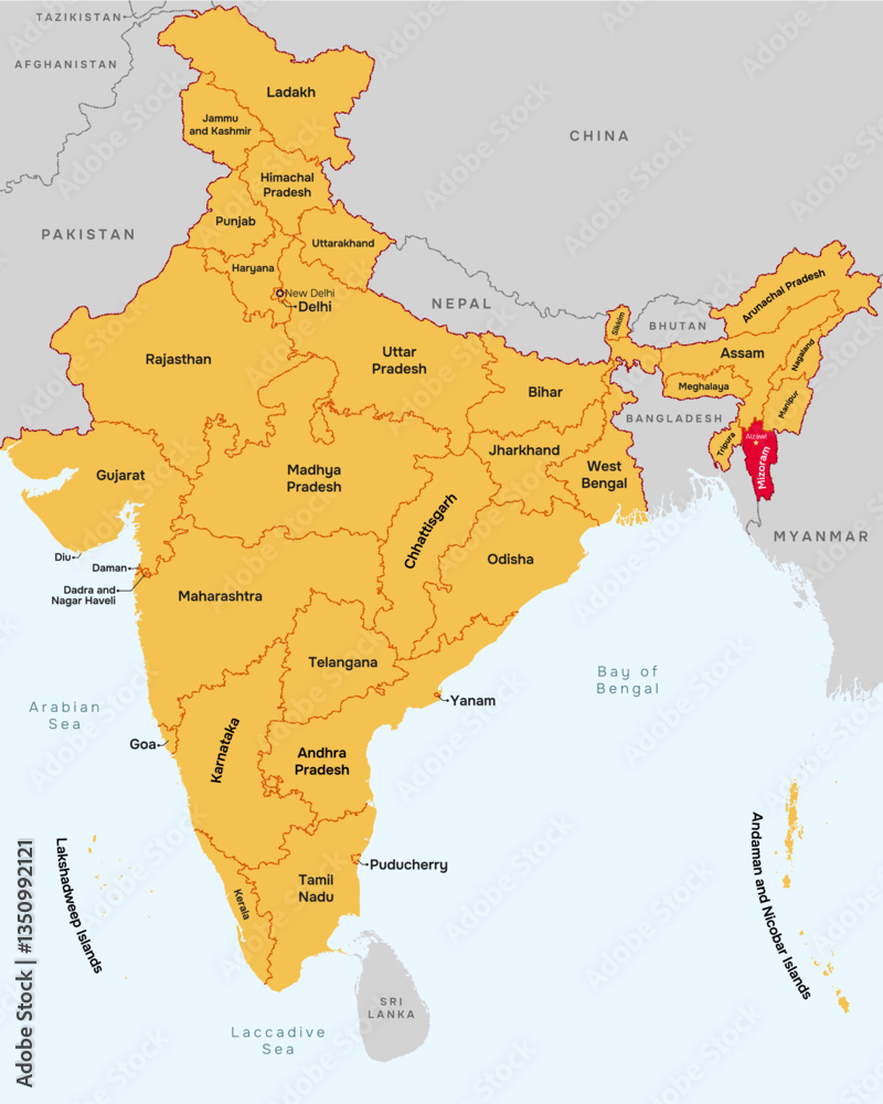 Mizoram state map, India. Editable vector map with state name, border ...