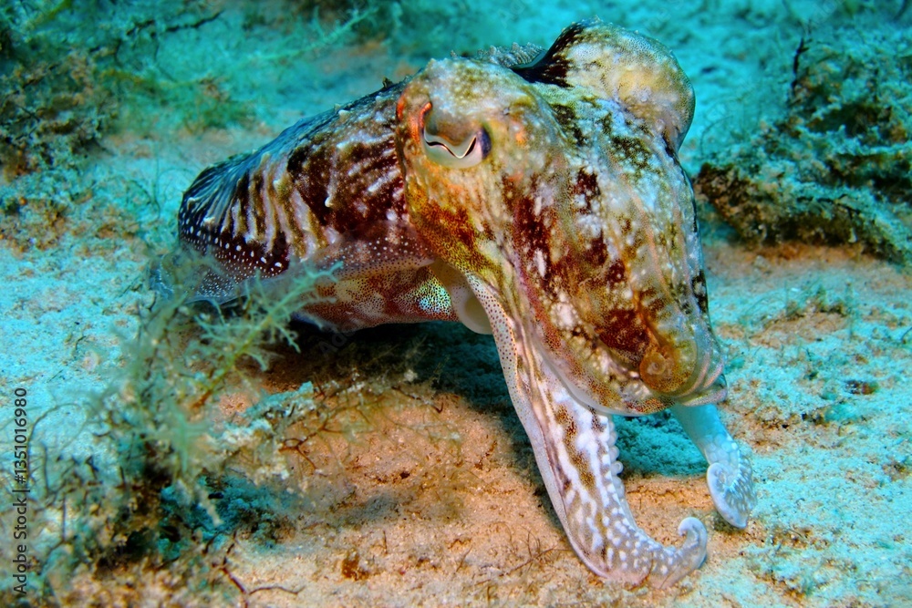 Cuttlefish (Sepiida) sitting on the sandy seabed. Predator fish in the ...