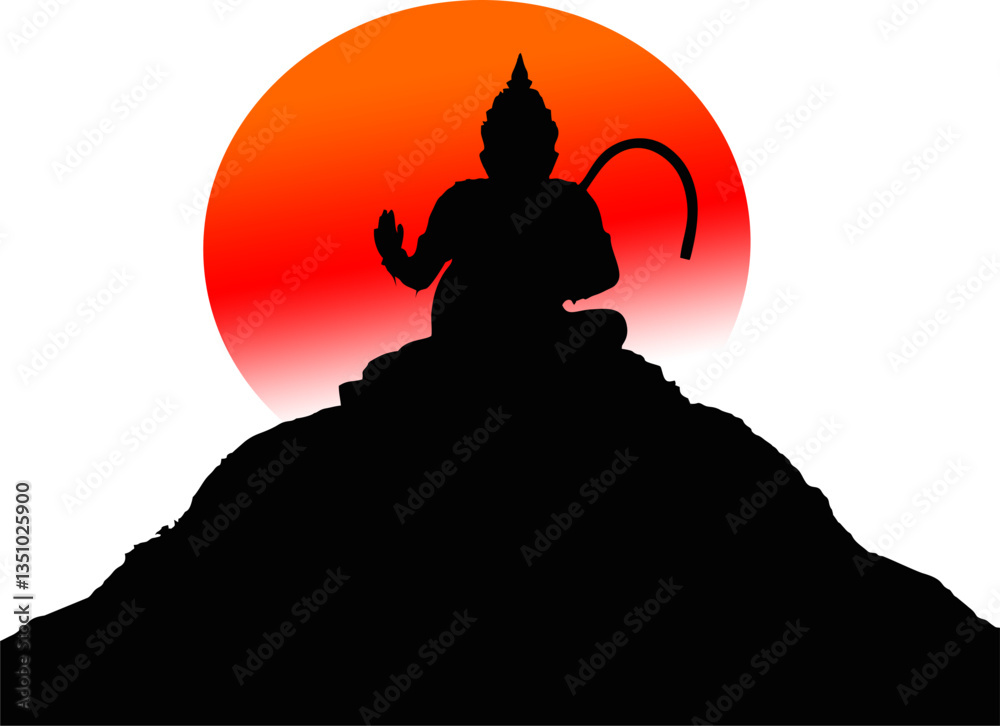 Silhouette illustration of a hanuman set on a black and white mountain ...