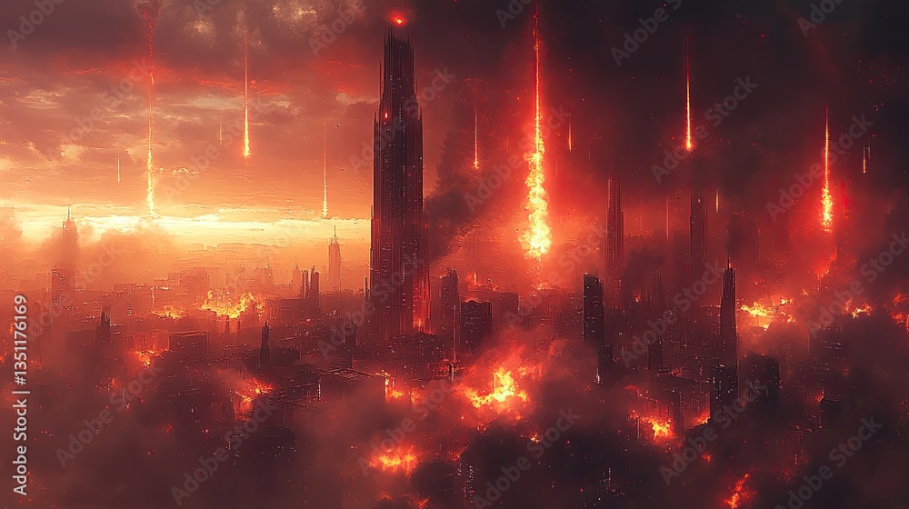 City under fiery meteor shower; apocalyptic scene; game background ...