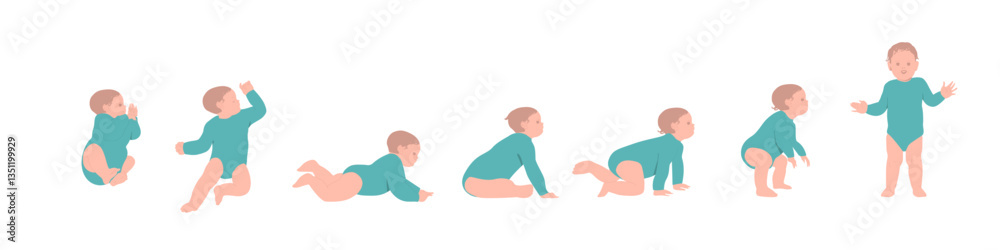 Vetor Set of baby growth process, newborn, toddler development. Early ...