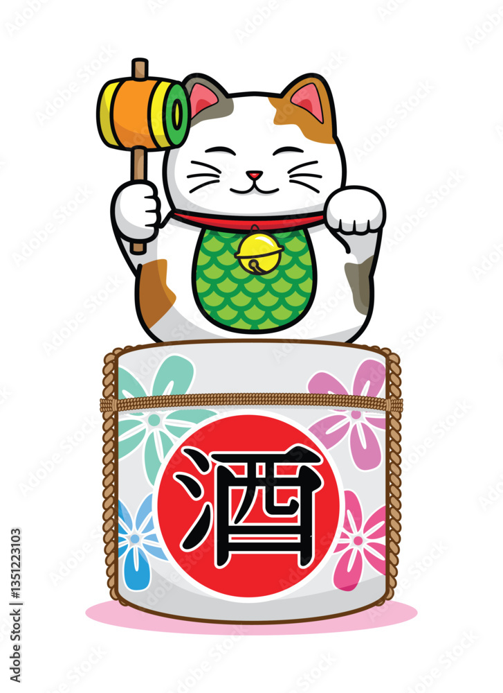 Big cute Japanese lucky cat called Maneki Neko one hand holding hammer ...