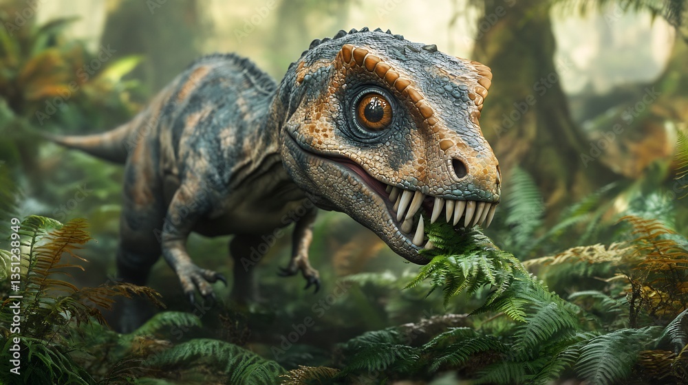 Small but intelligent Incisivosaurus nibbling soft ferns its oversized ...
