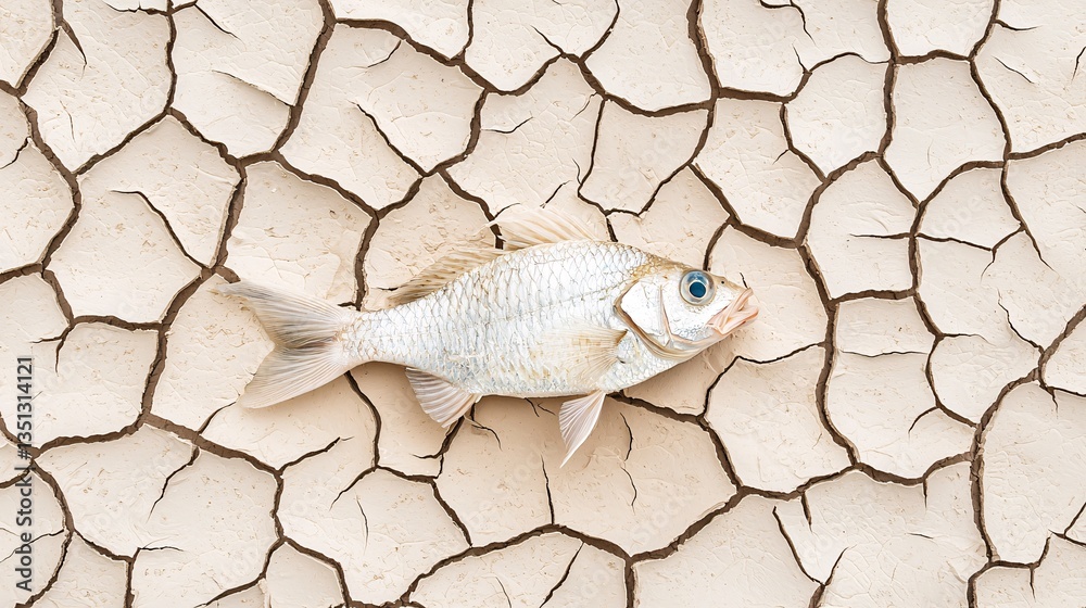 Dying fish in a dried-up riverbed, visualizing the environmental impact ...