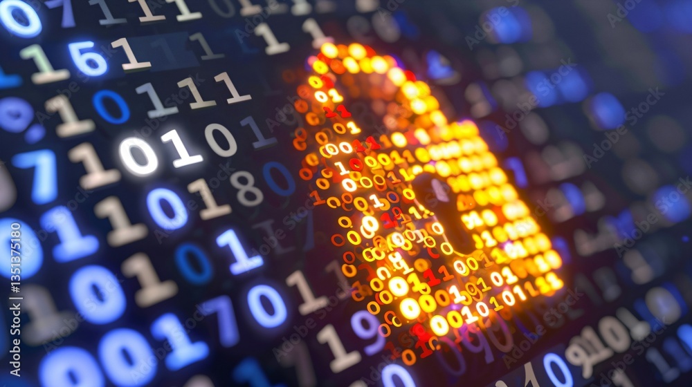 Glowing digital lock symbolizing AI copyright protection with binary code, representing ...