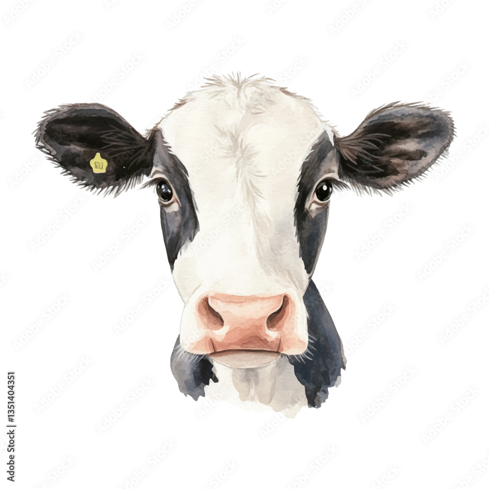 Watercolor cute and friendly cow clipart, on a white background Stock ...