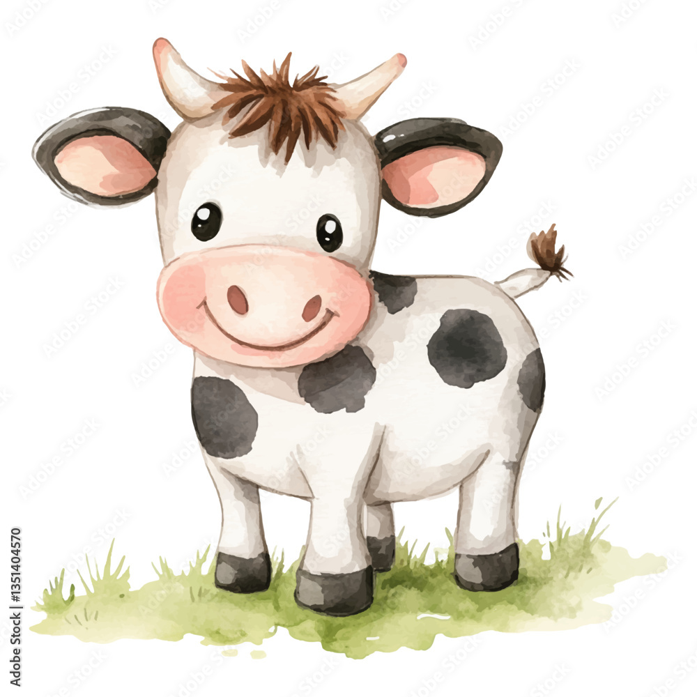 Watercolor cute and friendly cow clipart, on a white background Stock ...