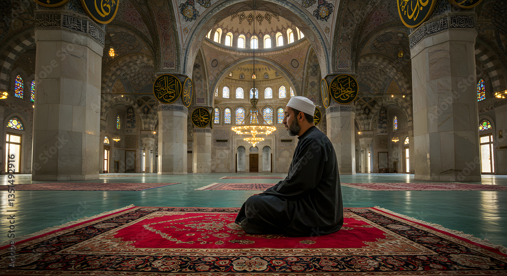 Ramadan kareem background with elderly muslim man in traditional arab dress in deep prayer in ...