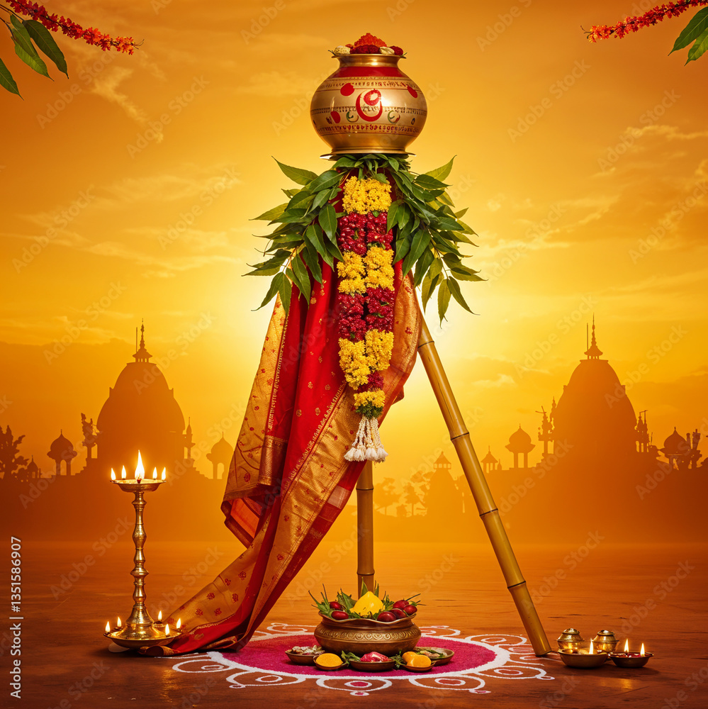 Festive Gudi Padwa Background with Decorated Gudi, Rangoli, and Sunrise ...