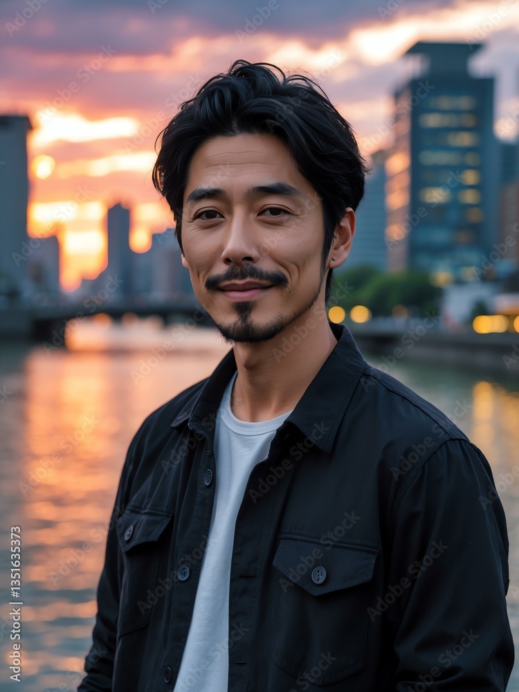 attractive adult japanese guy in black casual wear portrait on city ...