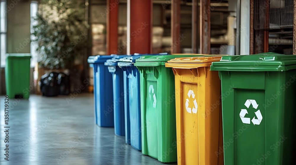 Green recycling bins and blue waste containers stand isolated ...