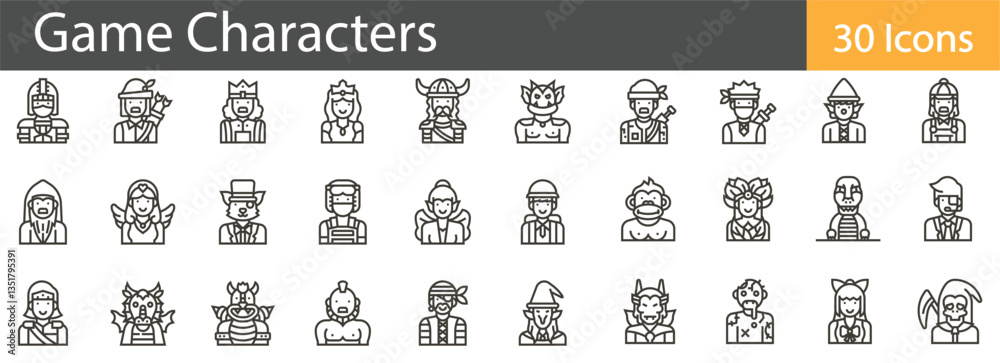 Game Character Line Icons Collection. Gaming Avatars, Virtual Heroes ...