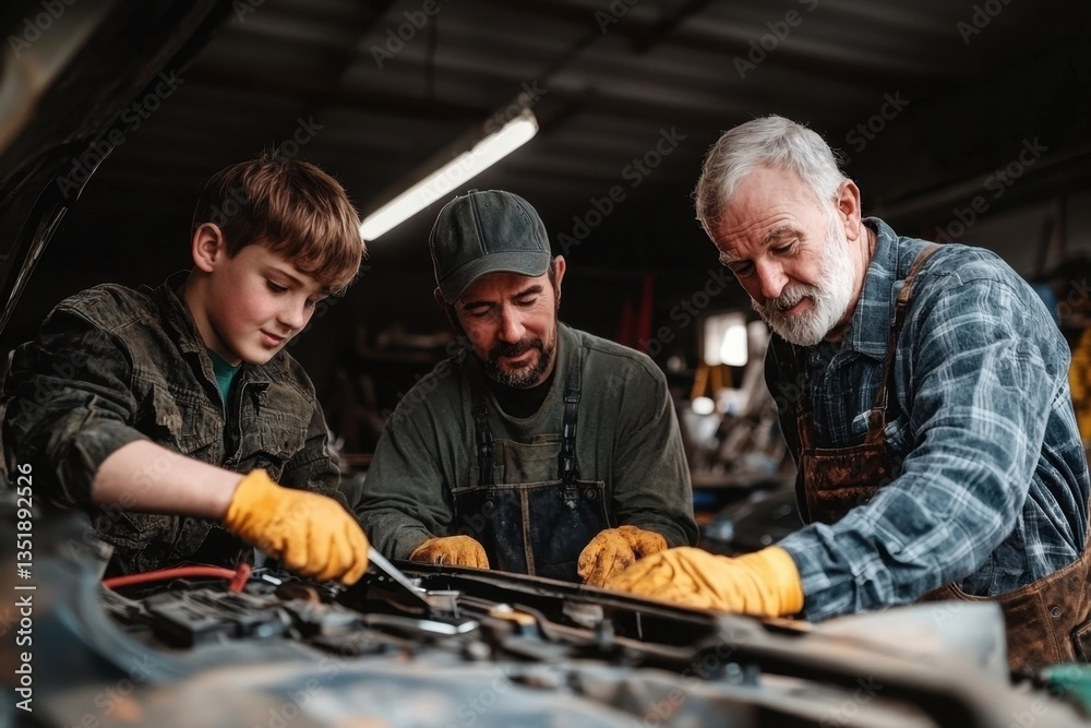 Multi-generation families working together on a classic car project in ...