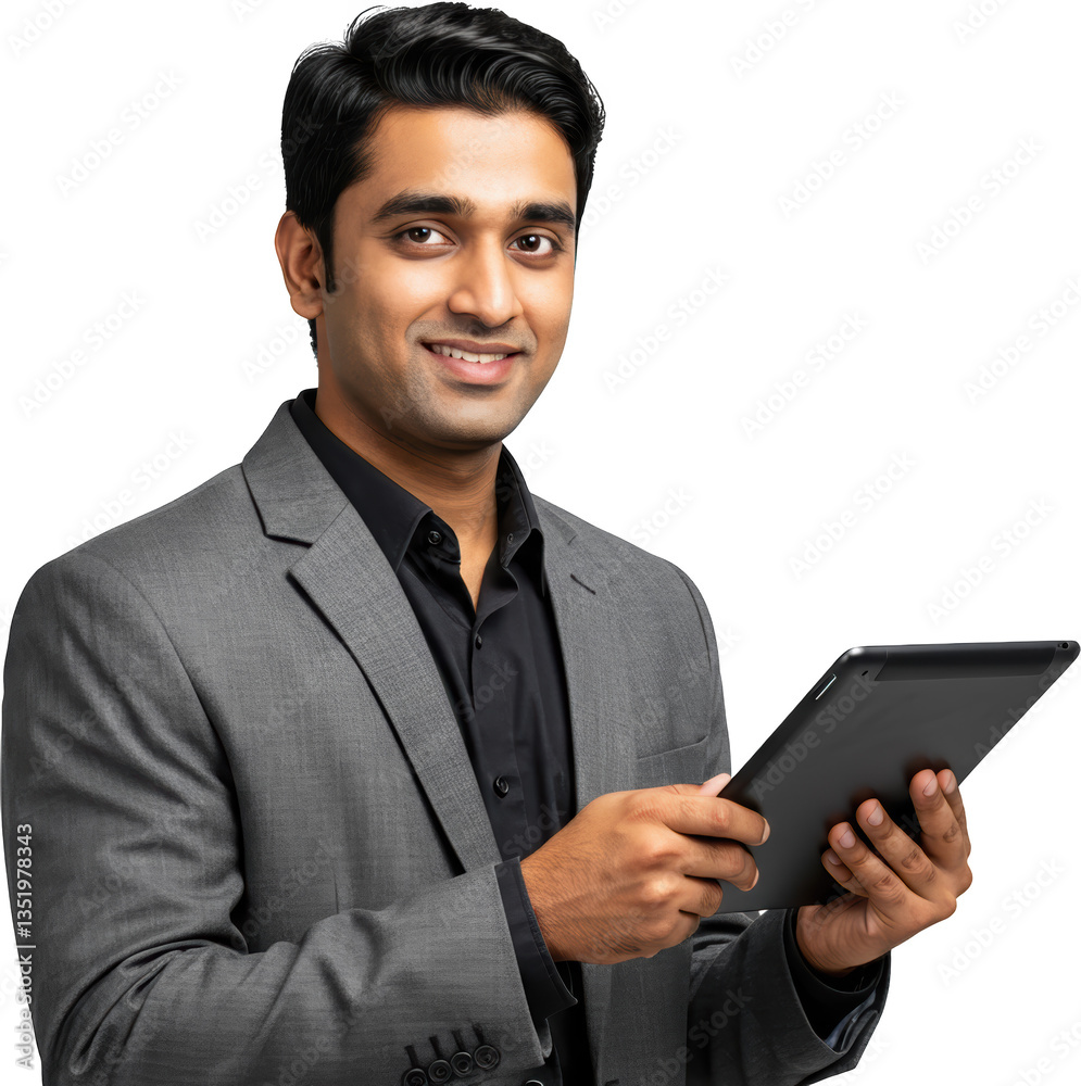Confident Smiling Young Businessman Holding Tablet Computer in Studio ...