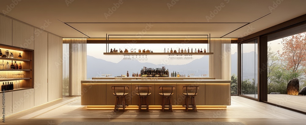 Modern minimalist bar with wood paneling and brass accents, open-plan ...