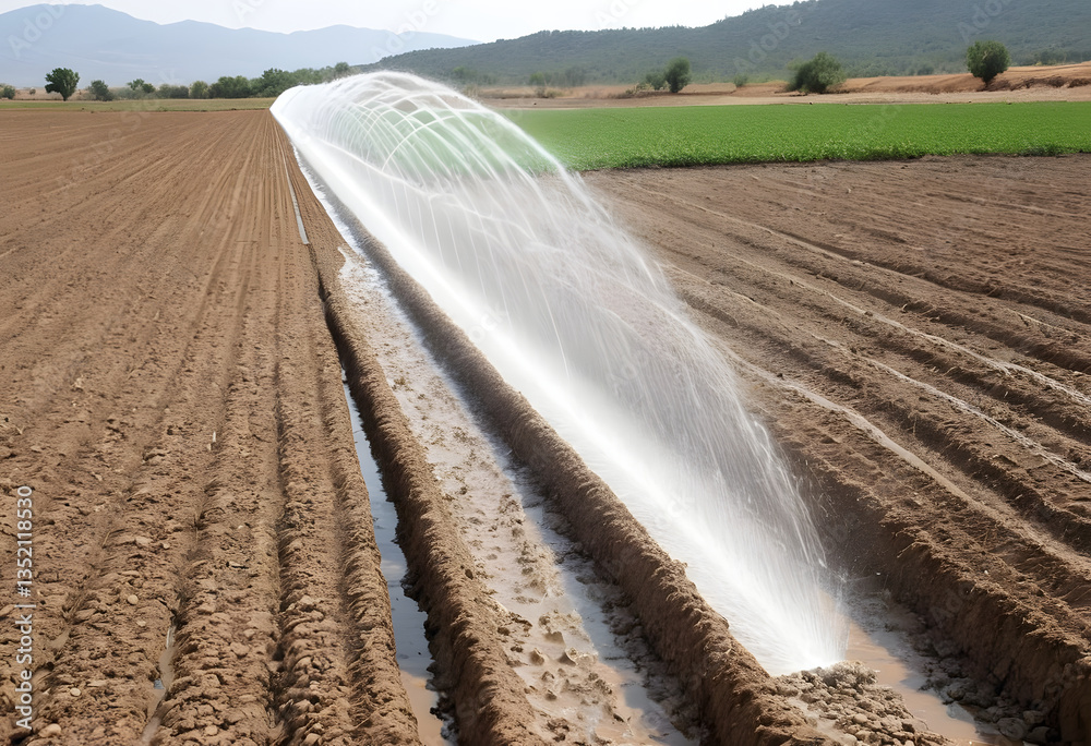 An irrigation system installed on a dry farm, with water flowing ...