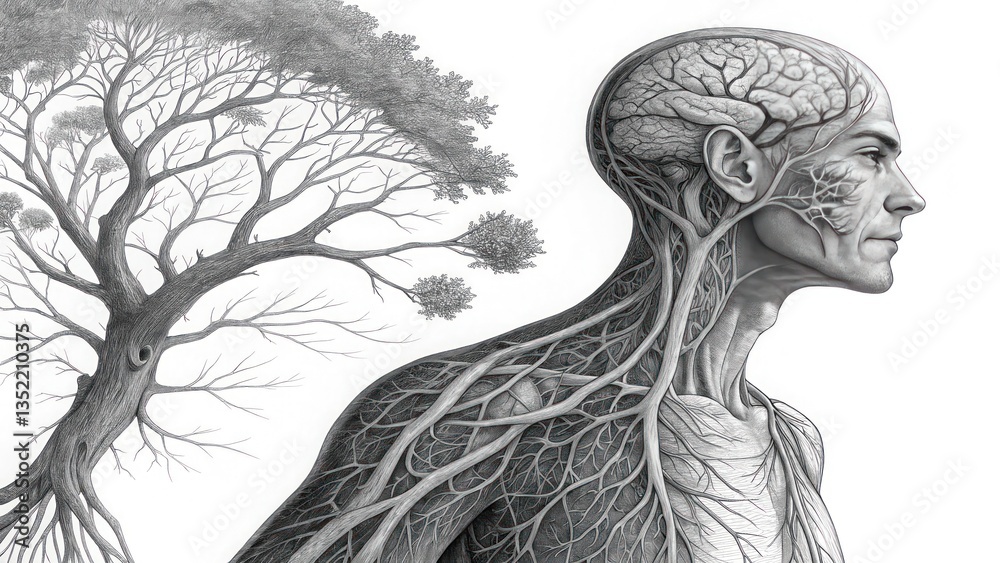 Anatomical illustration, human nervous system, brain and nerves, side ...