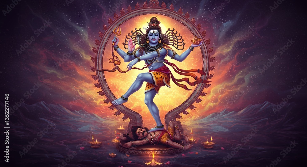 Lord Shiva Nataraja Dancing Illustration with Aureole of Flames and God ...