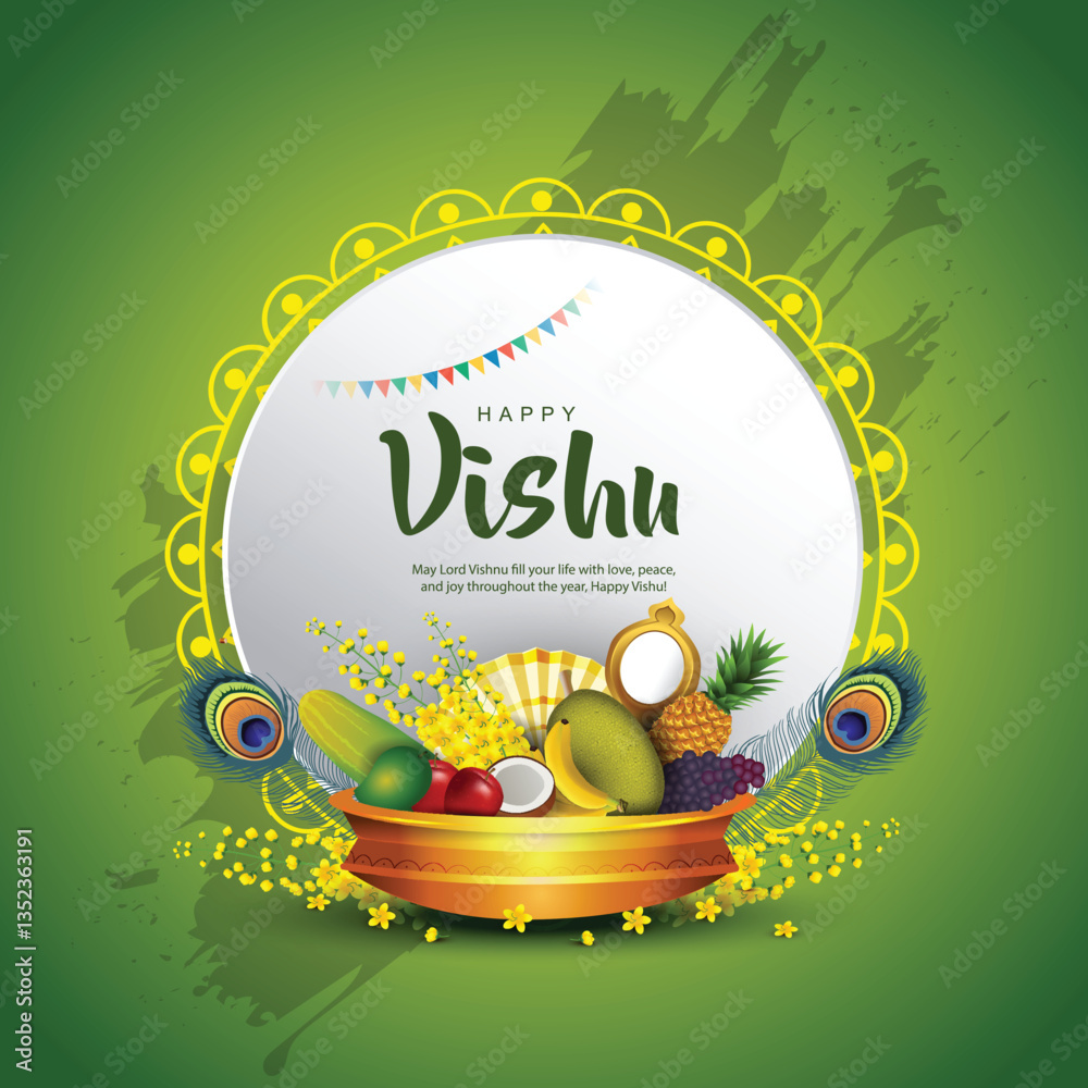 Happy Vishu greetings. April 14 Kerala festival with Vishu Kani, vishu flower Fruits and ...