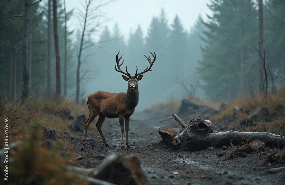Deer stands alone in barren landscape. Fallen trees, signs ...