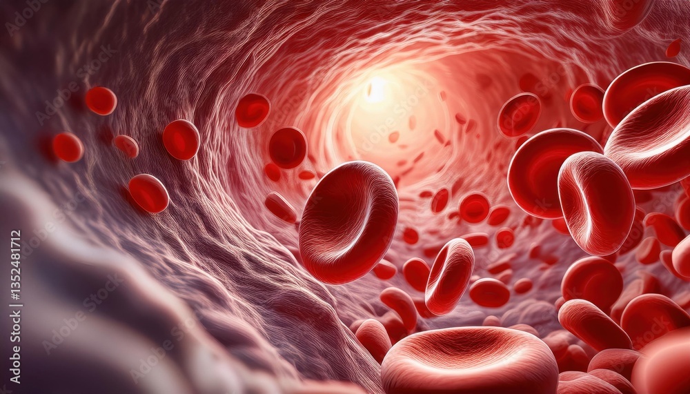 Microscopic view of blood vessels showing red blood cells, representing ...