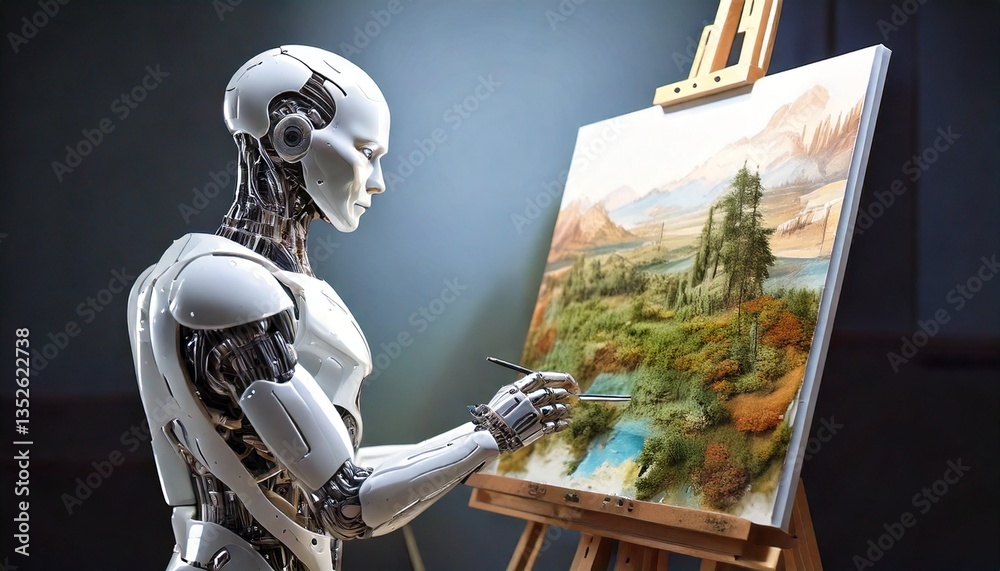 AI in the form of a humanoid robot stands near a palette and draws a ...