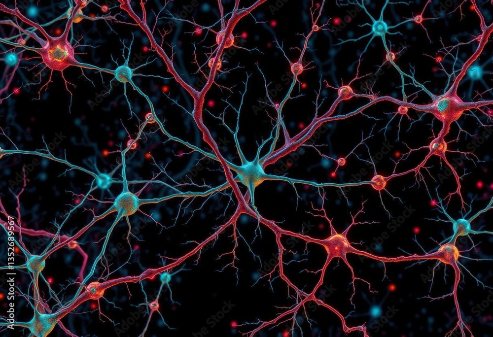 Complex network of neurons and glial cells, synapses, axons, dendrites ...