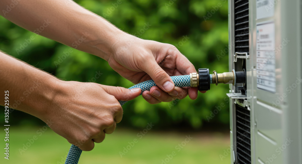 Hands connecting a drainage hose to an air conditioner, ensuring proper ...