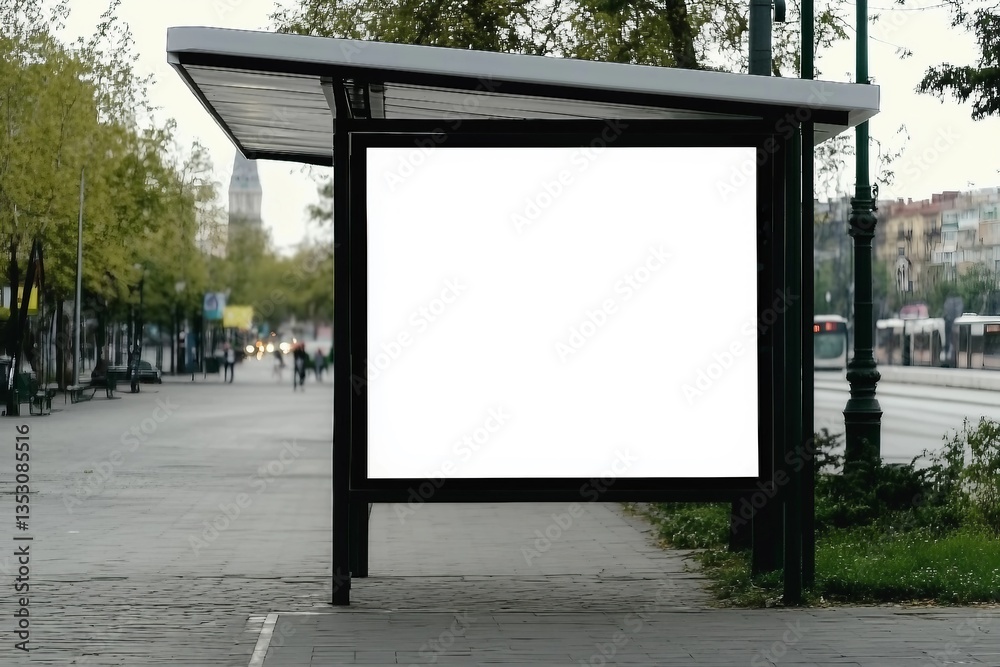 bus shelter at busstop. blank white lightbox. empty billboard. bus ...