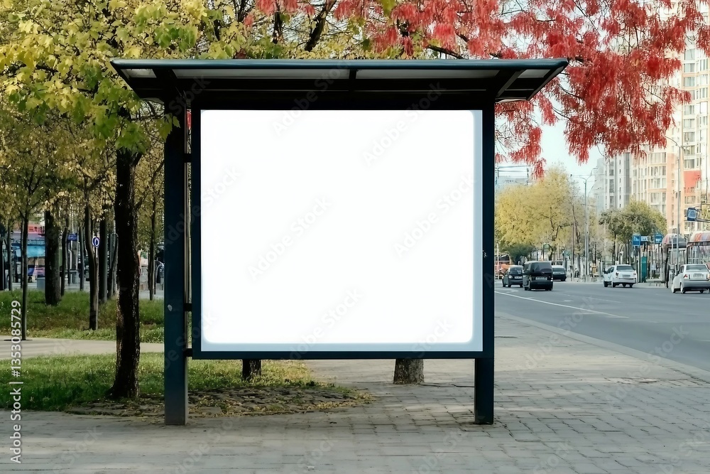 bus shelter at busstop. blank white lightbox. empty billboard. bus ...