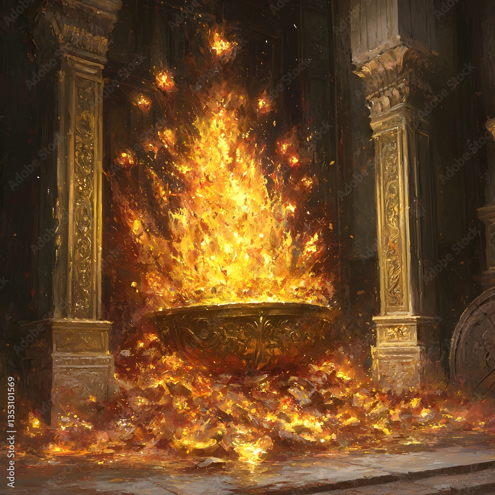 Golden bowl ablaze in ancient temple, ethereal flames dance, mystical ...