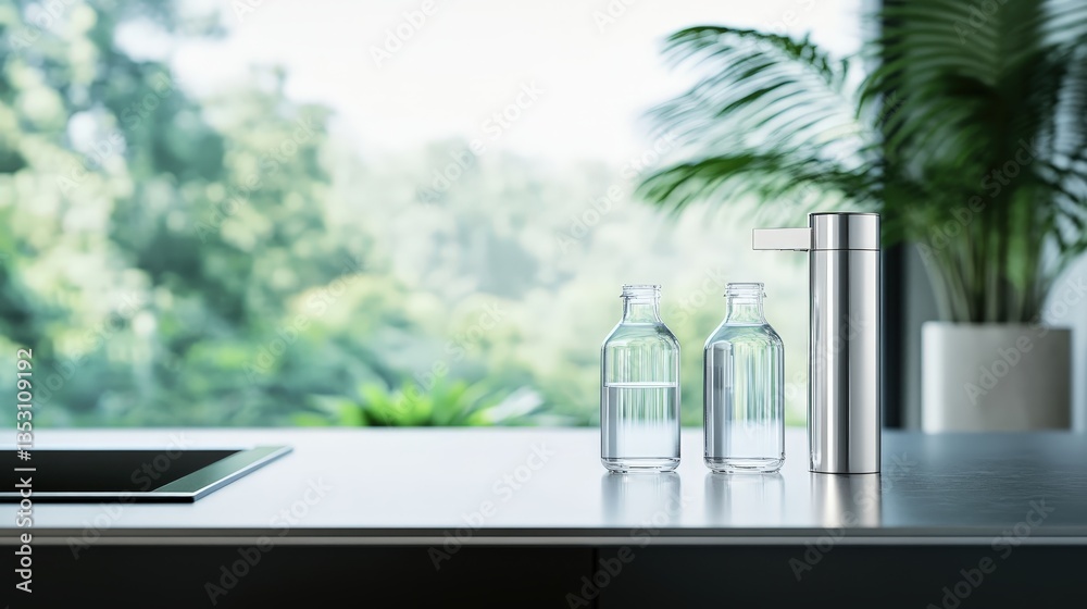 Fresh water setup on kitchen counter featuring glass bottles and a ...