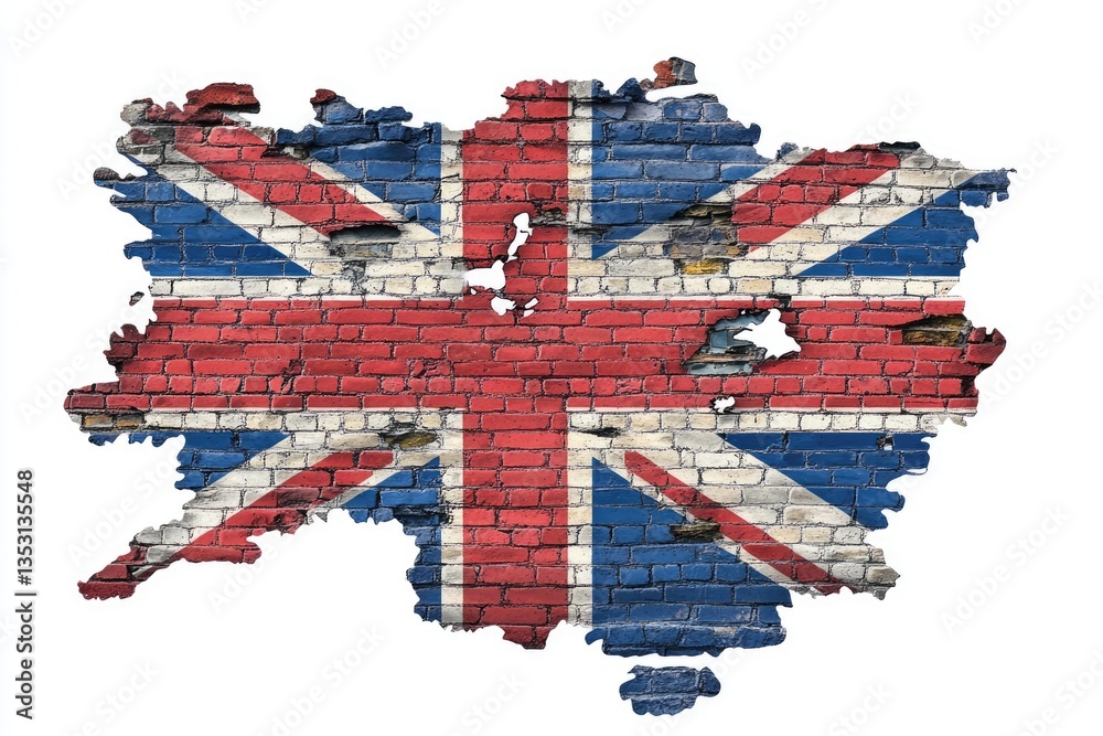 United Kingdom flag depicted on a damaged brick wall. A fragmented ...