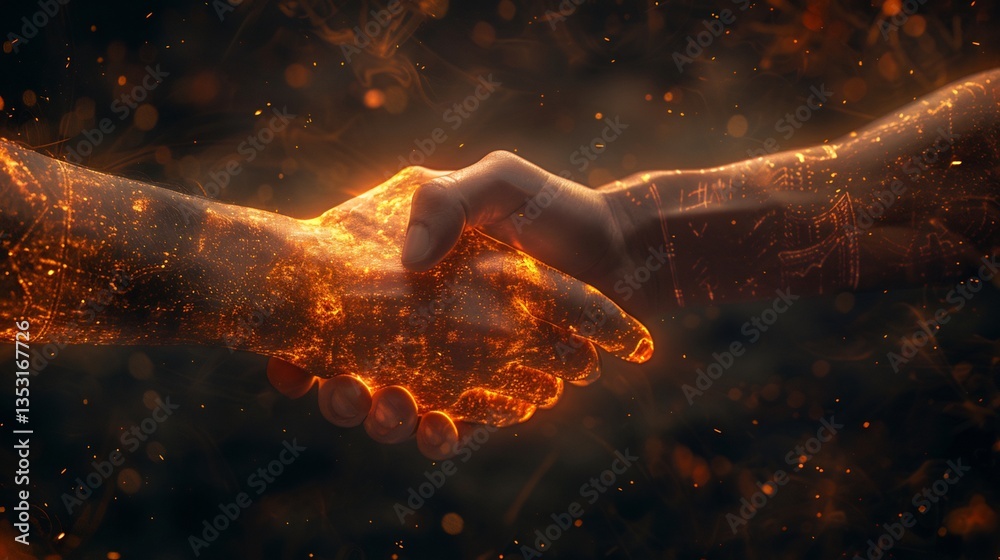 Symbolic artwork of two hands shaking merging into a glowing parchment representing the binding ...