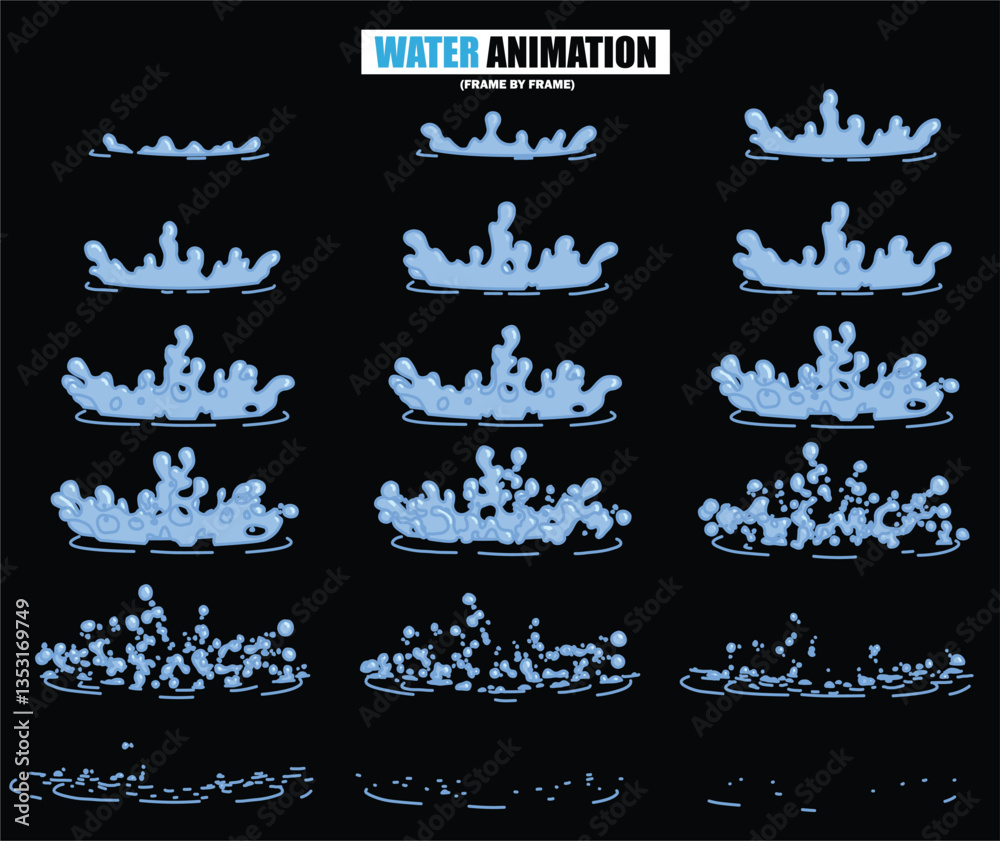 animation sprite sheet of water splash, liquid splashes, dripping water ...