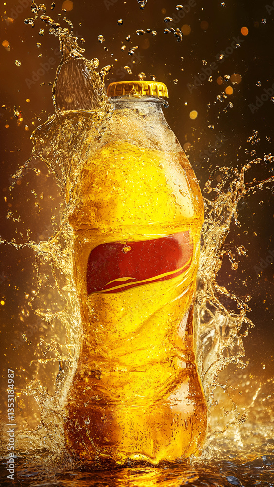 Graphic design, soda advertisement, yellow Fanta soda bottle splashing ...