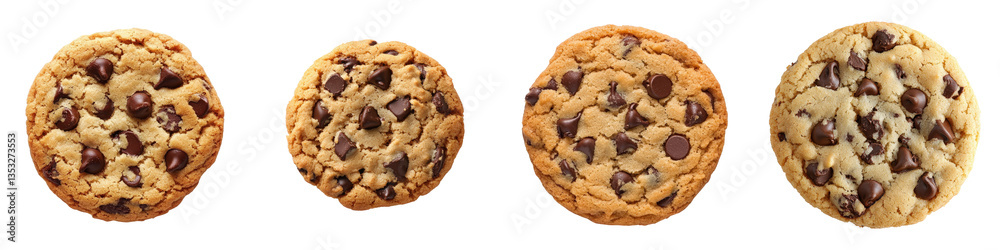 Four golden chocolate chip cookies, each with a slightly different ...