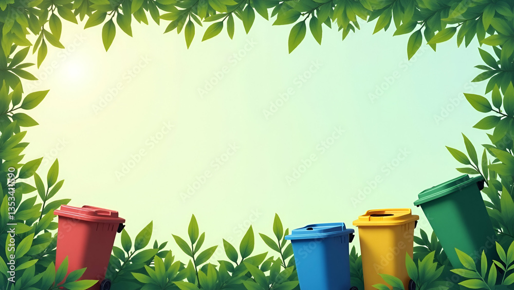 Стоковая иллюстрация «Recycling bins and green earth border frame with ...