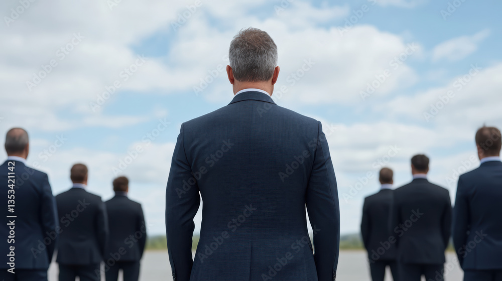 powerful image of leader standing confidently in front of team ...