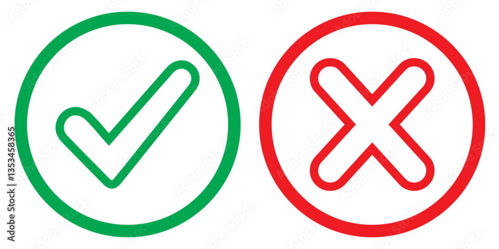 Check mark icon button set. Check box icon with right and wrong buttons and yes or no checkmark ...