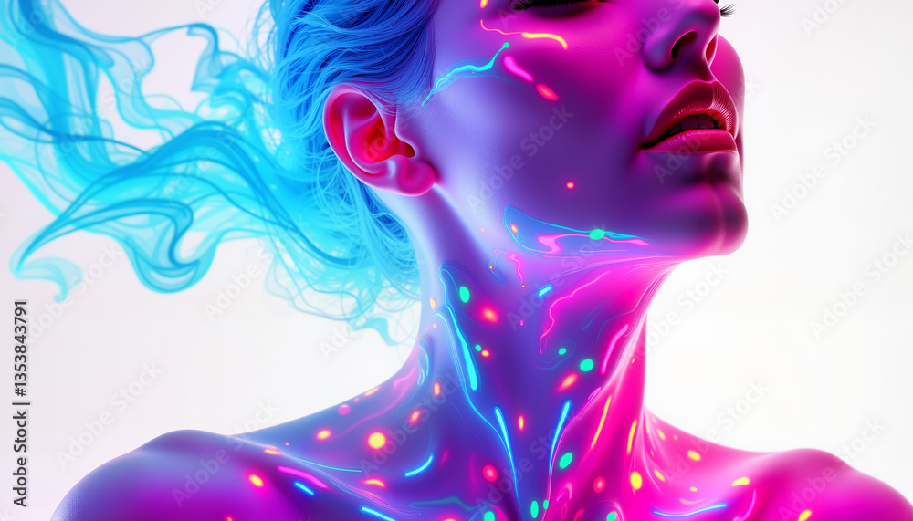Woman with glowing body paint and colorful hair, ethereal mood, copy ...