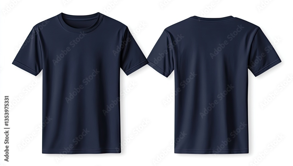 Navy blue blank t-shirt mockup. Front and back views of a simple ...
