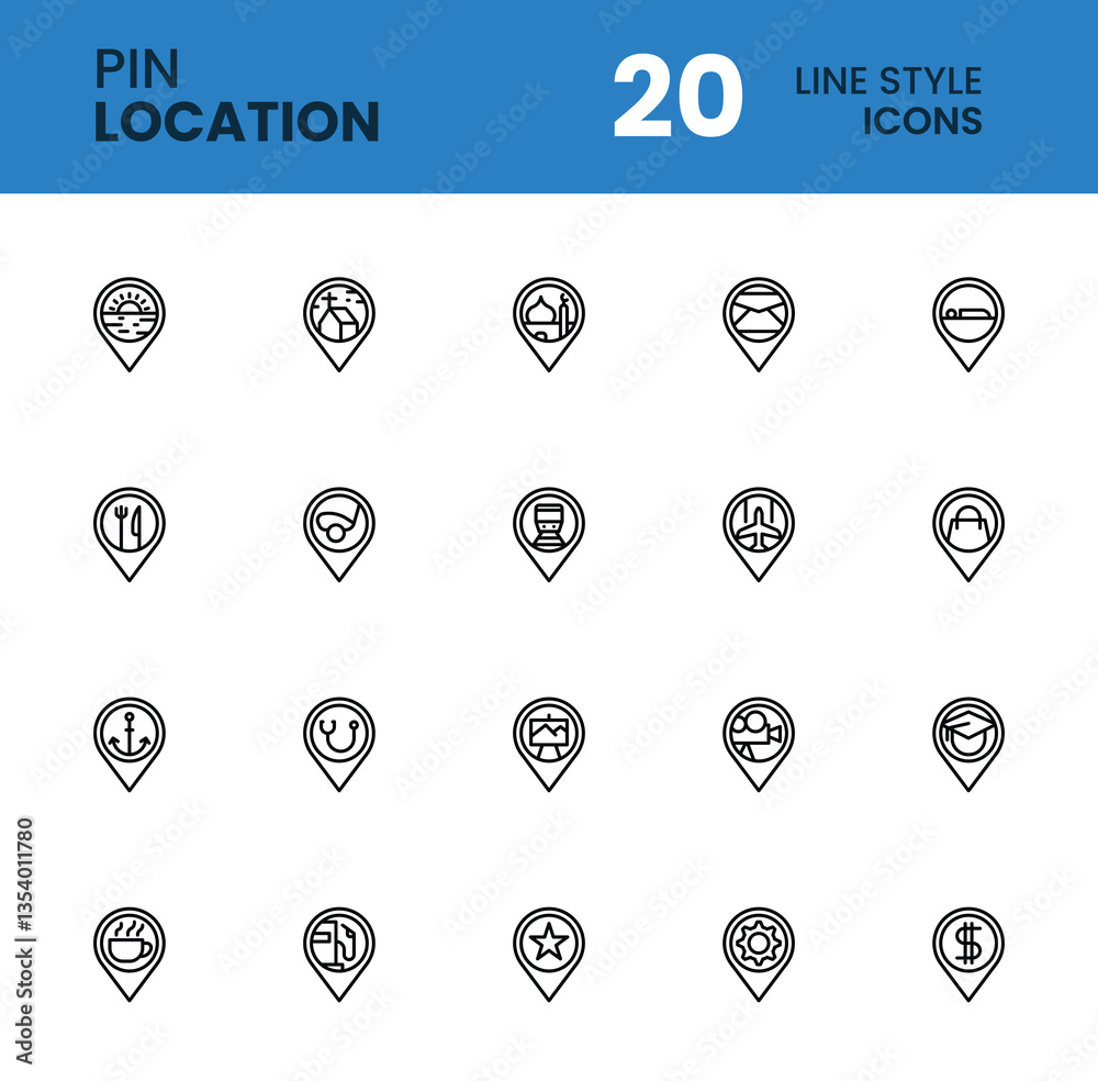 Pin location icon set with outline style Stock Vector | Adobe Stock