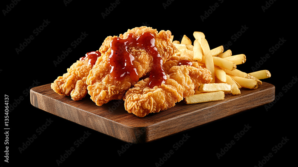 A professional marketing studio photograph of crispy fried chicken ...
