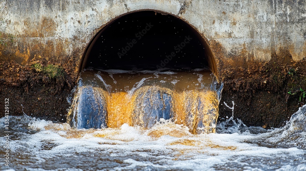 Brown water flows from a tunnel drain into a stream with white bubbles ...