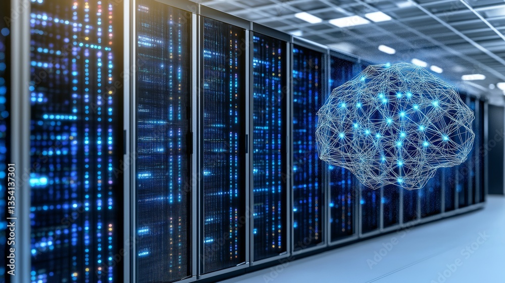 Futuristic data center with glowing geometric server racks and cool blue LED lighting ...