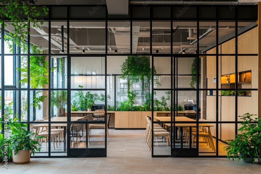An office layout featuring large glass partitions with black metal ...