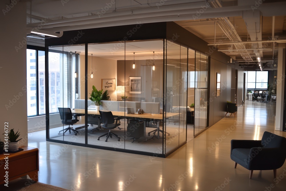 An office space with frameless glass partitions separating ...