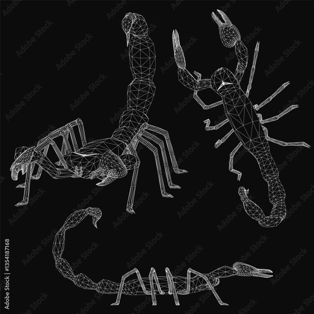 Three black and white drawings of scorpions. The first one is a close ...