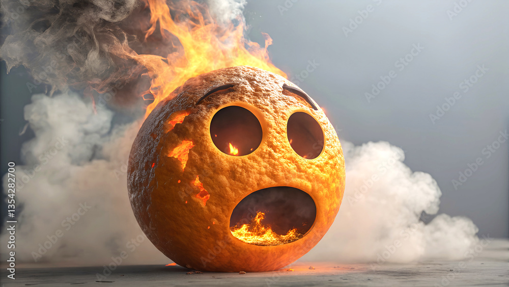 flaming emoji face with shocked expression and smoke explosion surreal ...